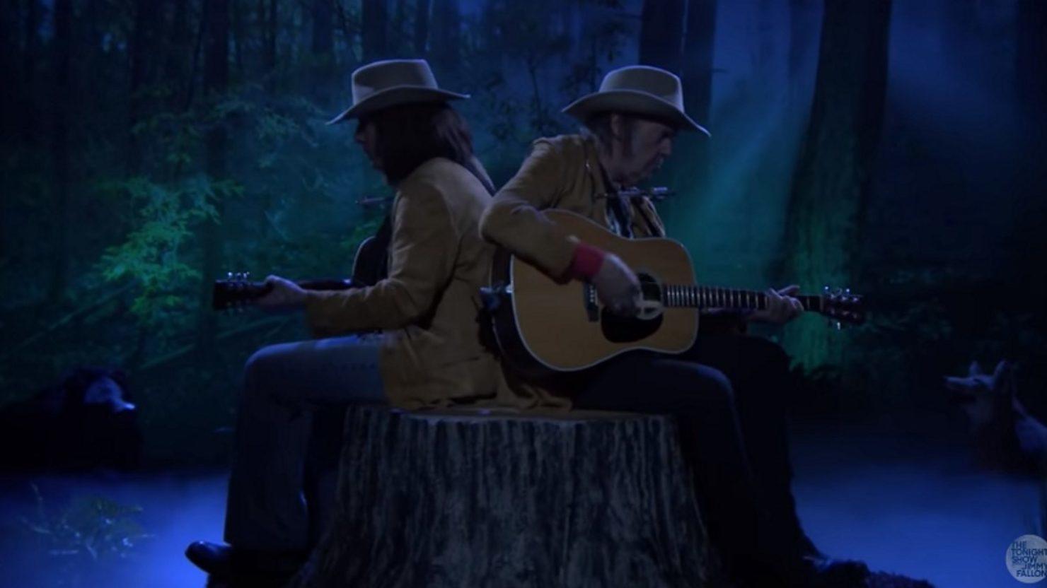 Neil Young & Jimmy Fallon Team For 'Two Neil Youngs On A Tree Stump'